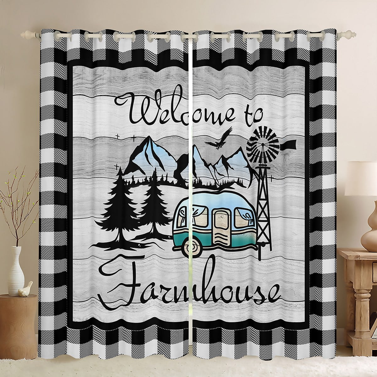 Rustic Farmhouse Blackout Curtains Happy Camping Curtains, Black White ...
