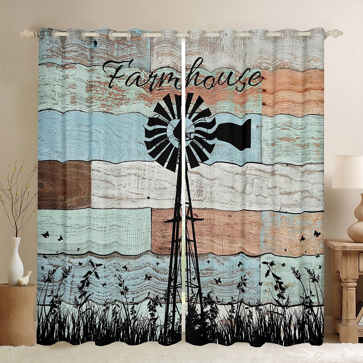 Rustic Farmhouse Blackout Curtains For Cabin Room Decor,Farm Windmill ...
