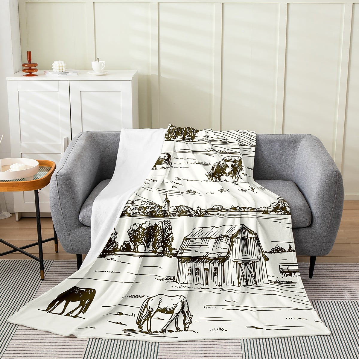 Rustic Farmhouse Blanket Queen Size,Western Farmhouse Horse Sherpa Blanket,Hand Drawn ...