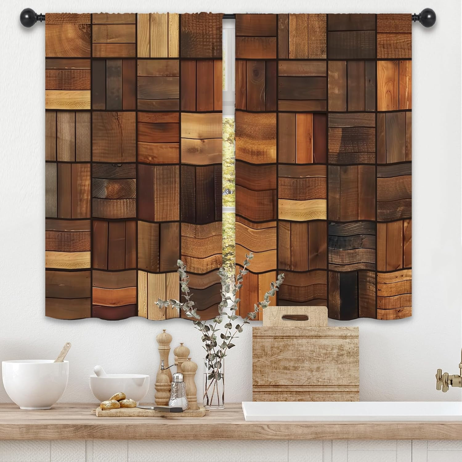 Rustic Farmhouse Brown Kitchen Curtains 27.5W x 39L Inch Wood Wooden ...