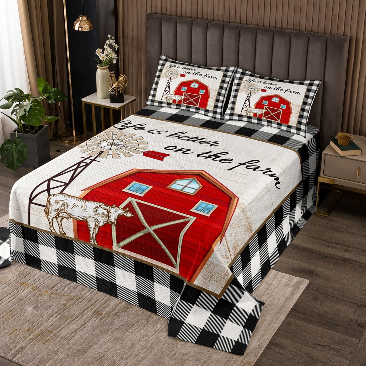 Rustic Farmhouse Cabin Coverlet Set Queen Size, Country Windmill Quilt ...