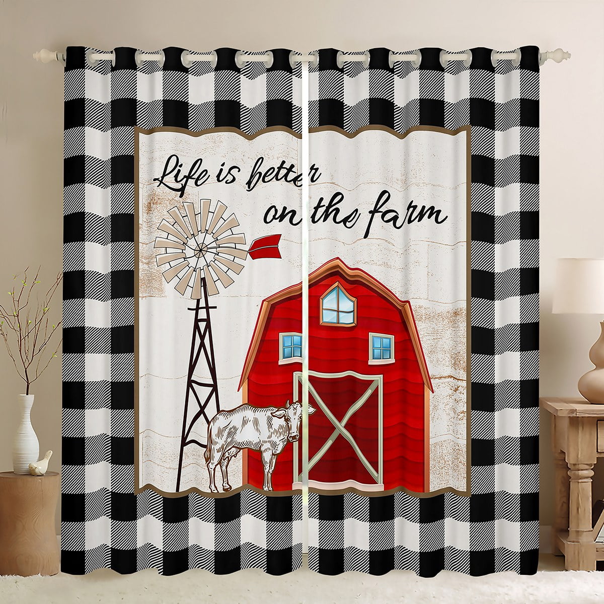Rustic Farmhouse Cabin Curtains & Drapes 42"Wx63"L, Country Windmill ...