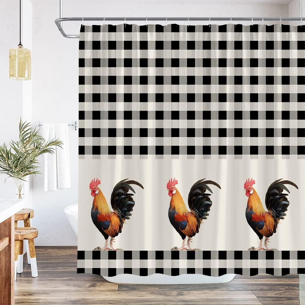 Rustic Farmhouse Chicken Shower Curtain Black and White Buffalo Check ...