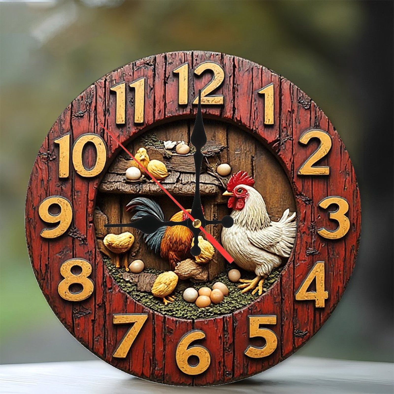 Rustic Farmhouse Chicken Wall Clock Home Decor 10-Inch Silent Wooden ...