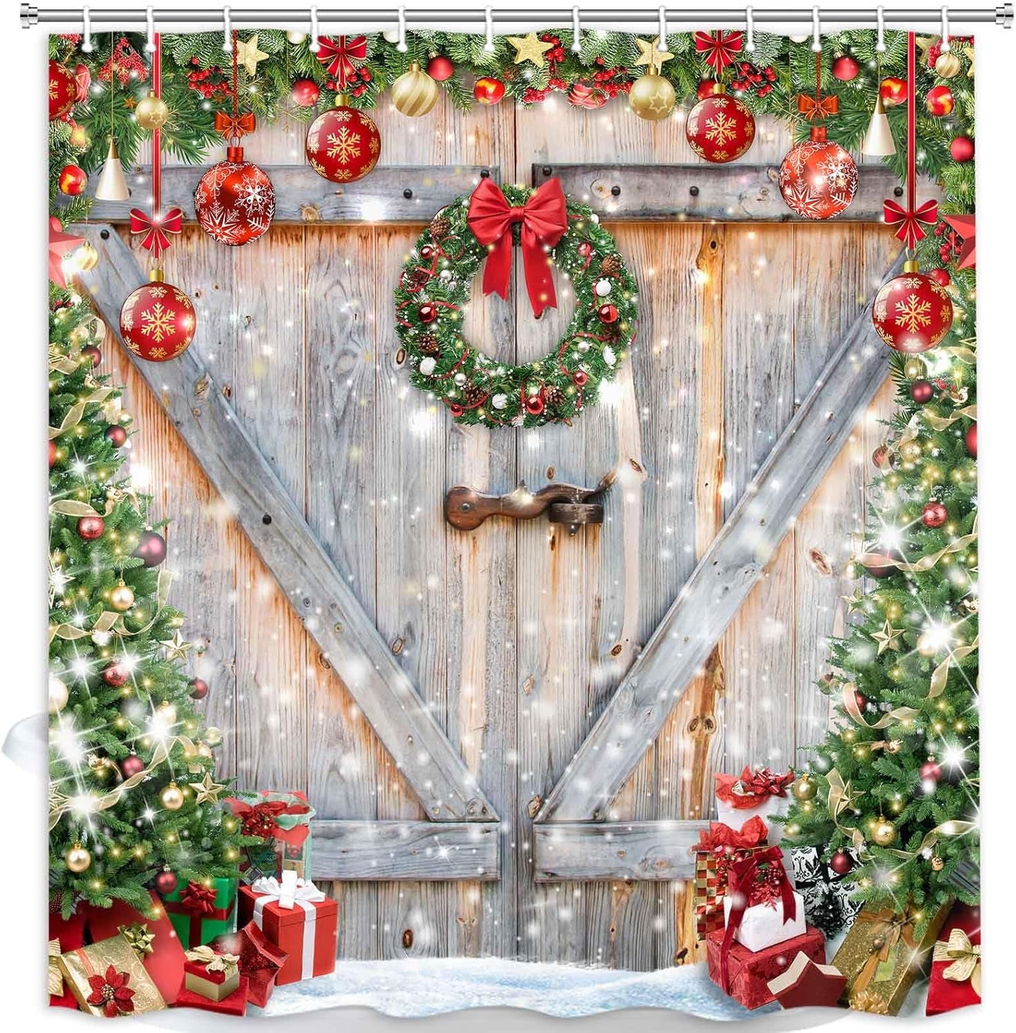 Rustic Farmhouse Christmas Shower Curtain, Winter Snowflake Wood Barn ...
