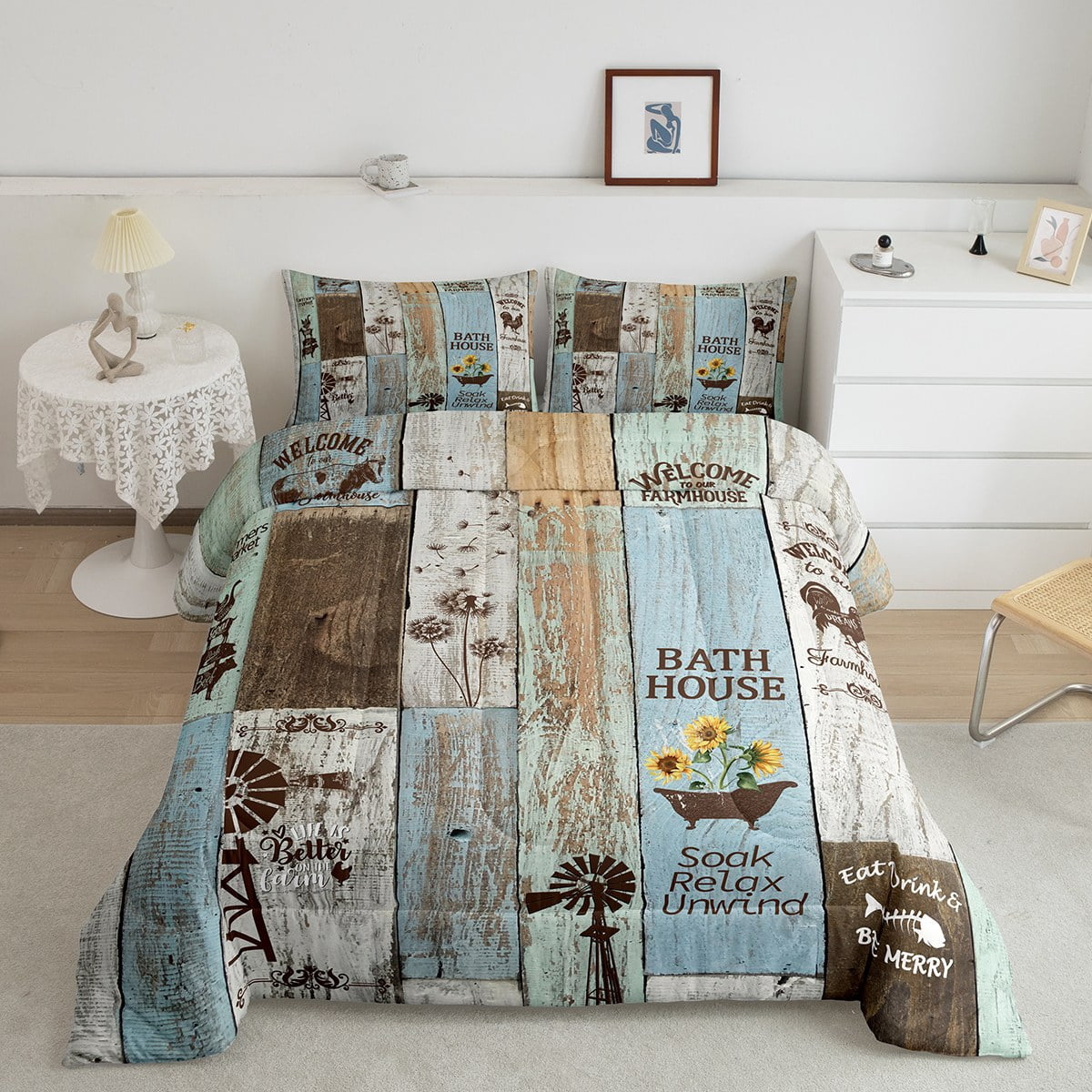 Rustic Farmhouse Comforter Set King, Windmill Bedding Set Women, Cow ...