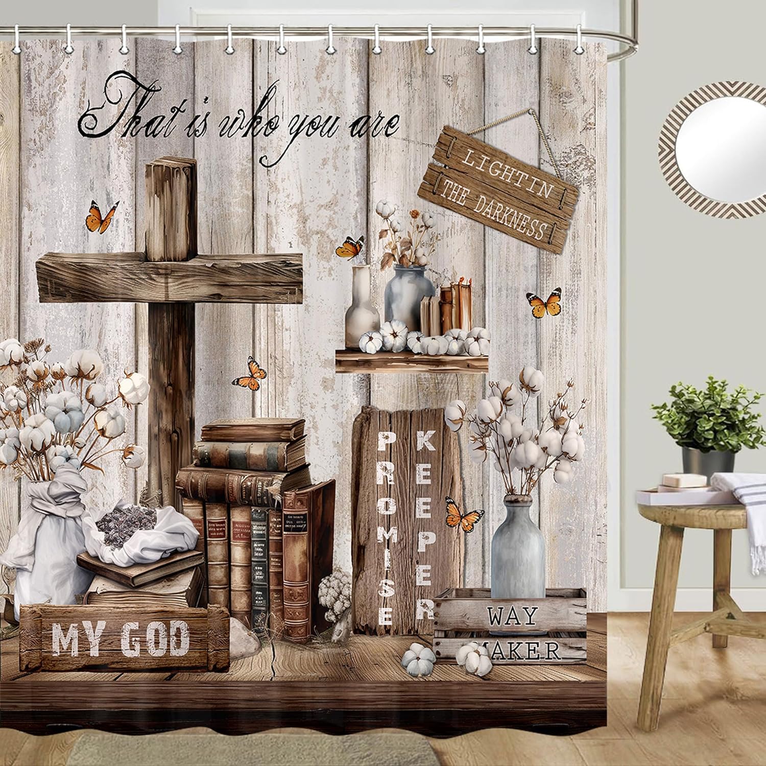 Rustic Farmhouse Cotton Flowers Shower Curtain, Christian Cross Bible ...