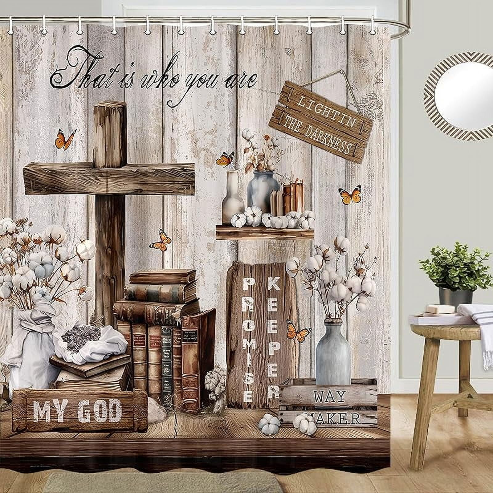 Rustic Farmhouse Cotton Flowers Shower Curtain, Christian Cross Bible ...