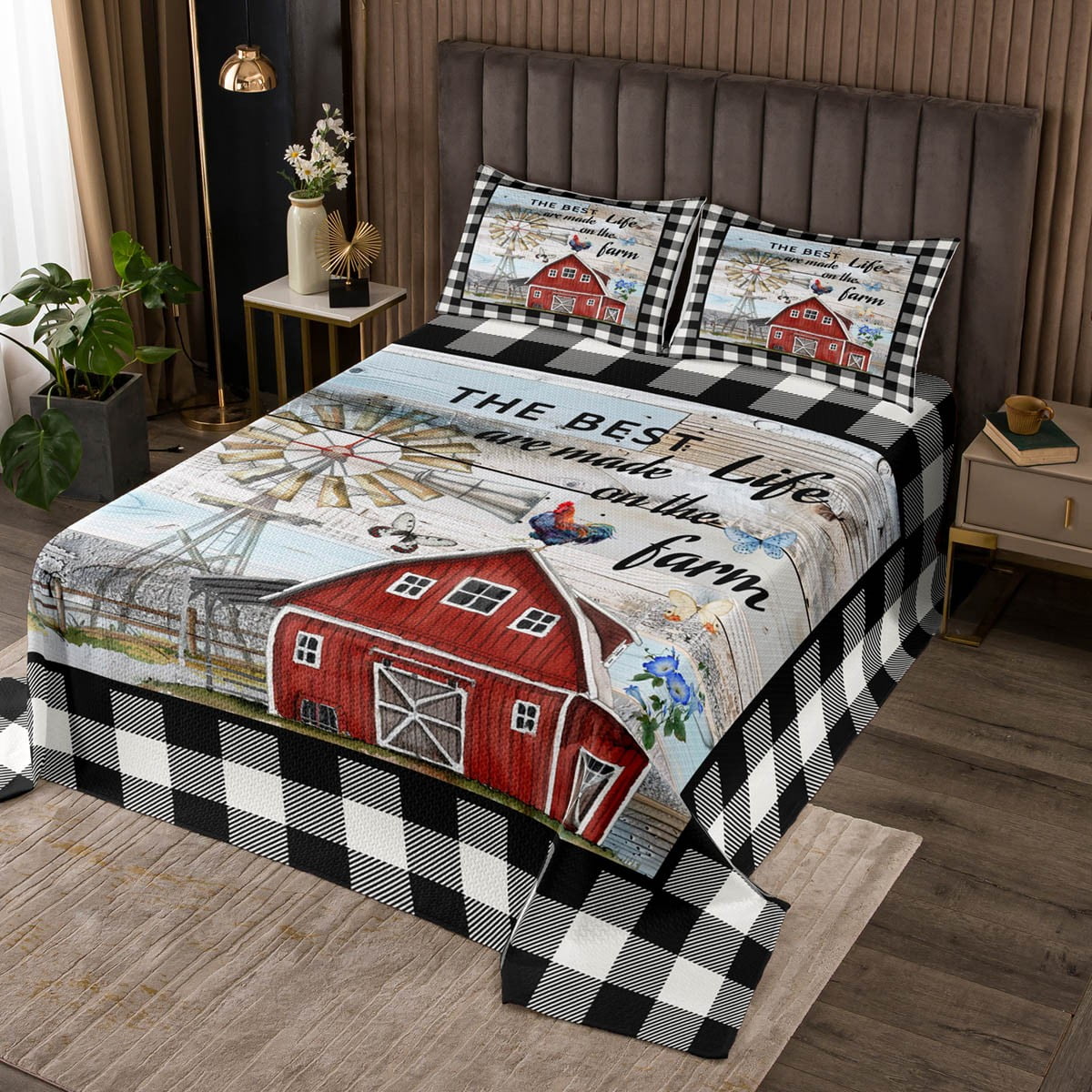 Rustic Farmhouse Coverlet Set Windmill Decor Quilt Set Rooster Red Barn ...