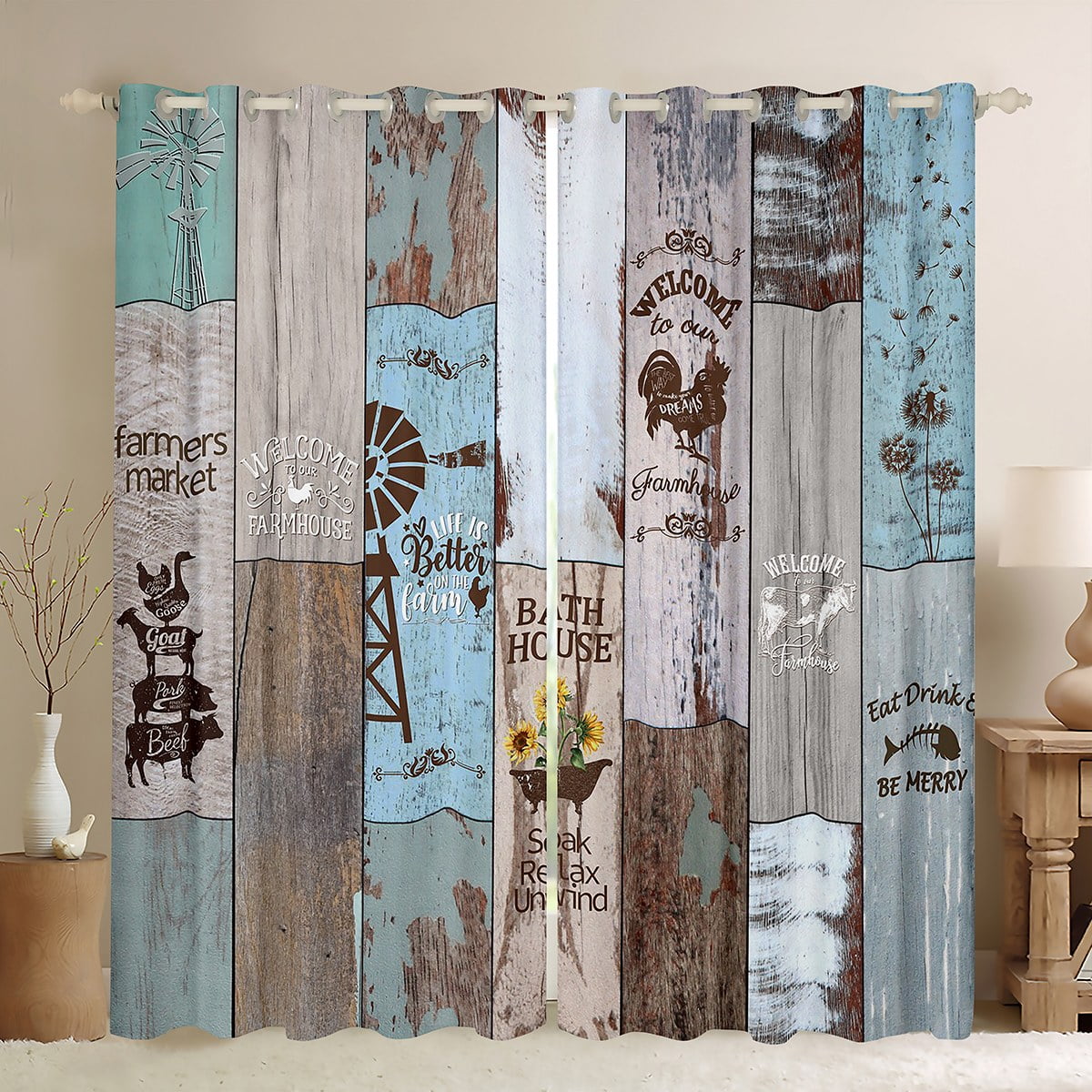 Rustic Farmhouse Curtains Cabin Decor, Retro Windmill Decor Curtains ...
