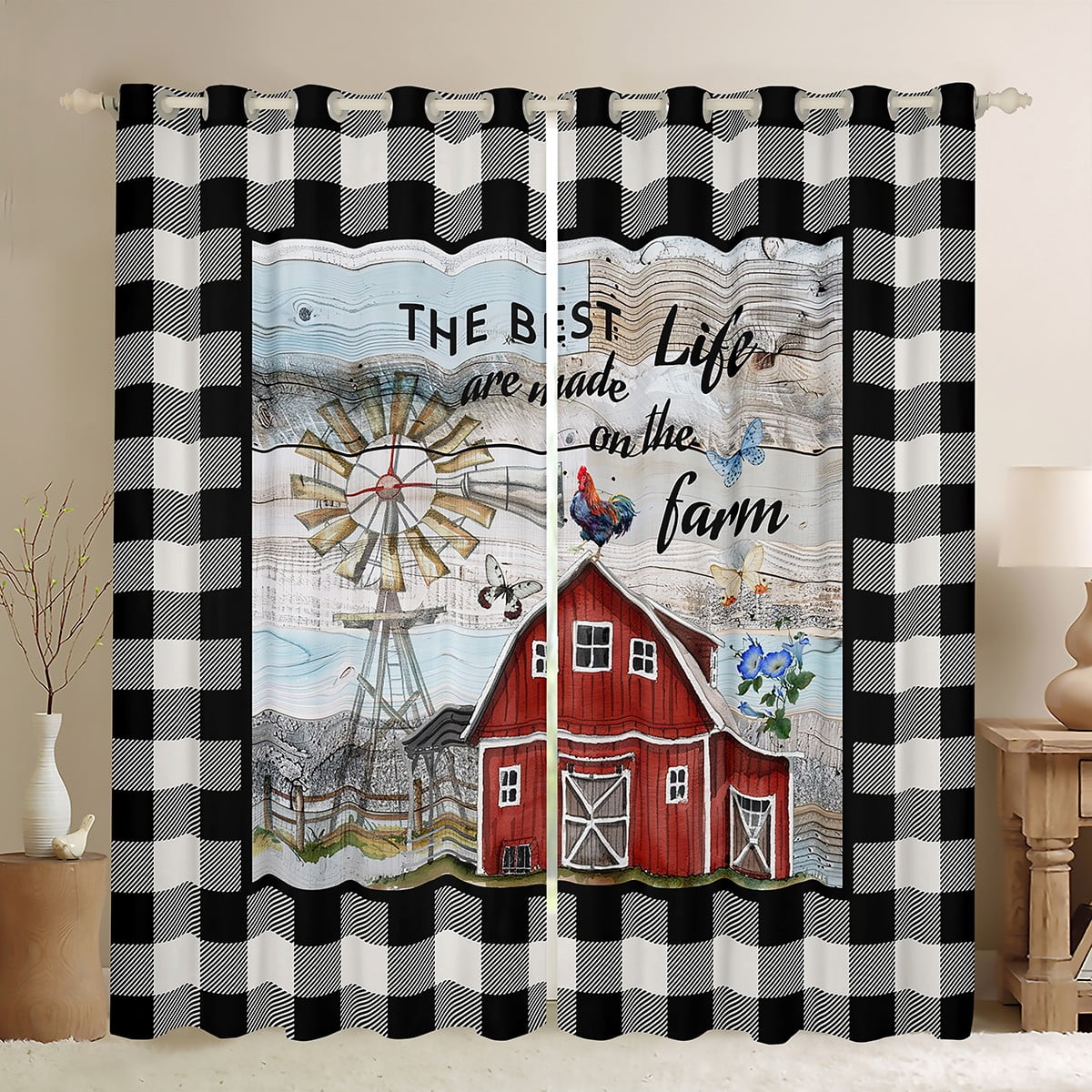 Rustic Farmhouse Curtains & Drapes Windmill Decor Curtains Rooster Red ...