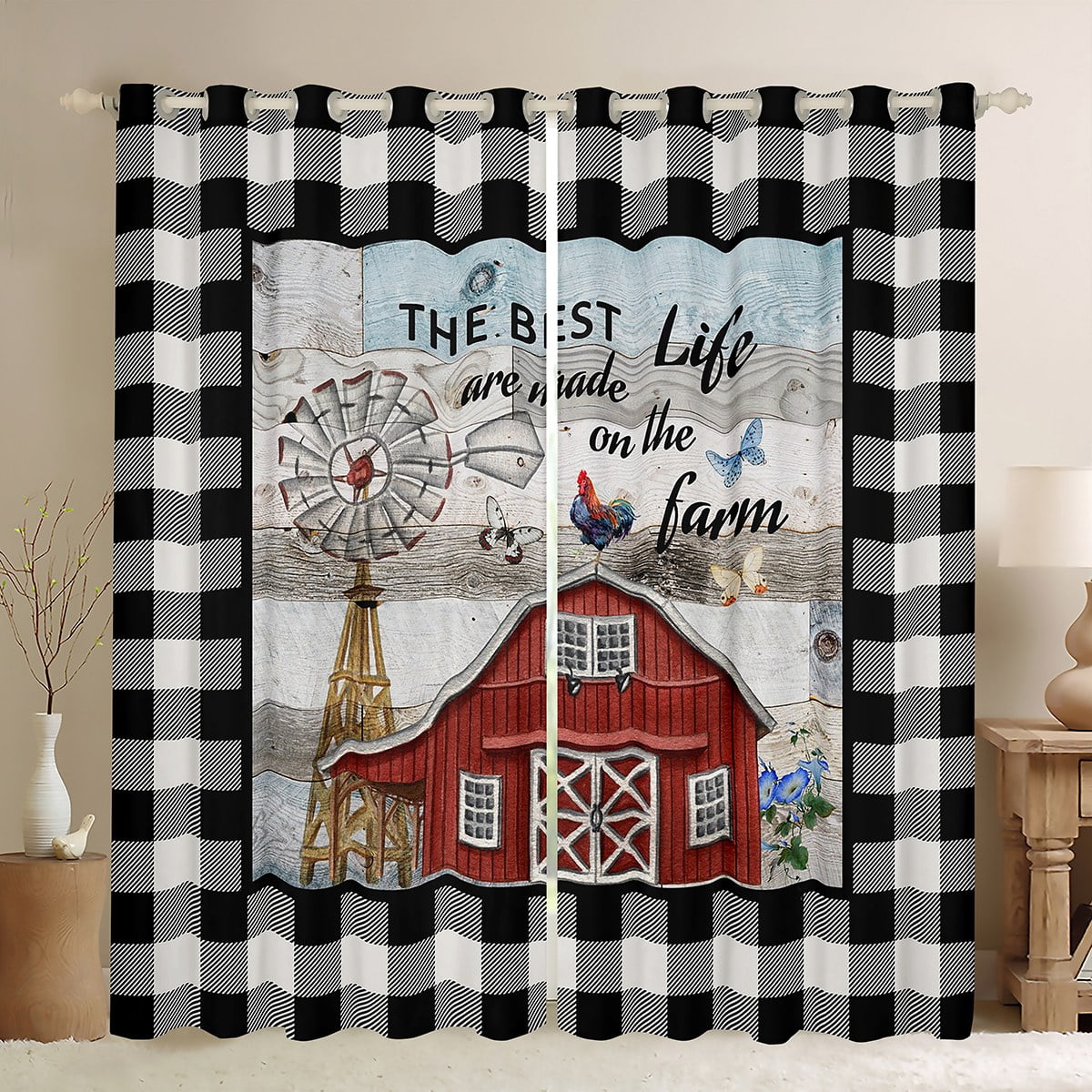 Rustic Farmhouse Curtains & Drapes Windmill Decor Curtains Rooster Red ...