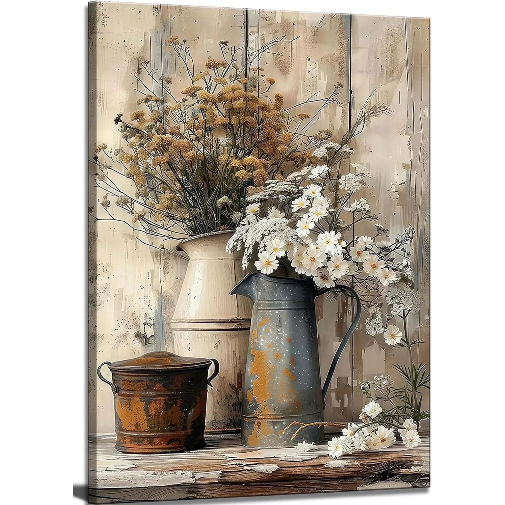 Rustic Farmhouse Daisy Floral Canvas Wall Art, Vintage Neutral Country ...