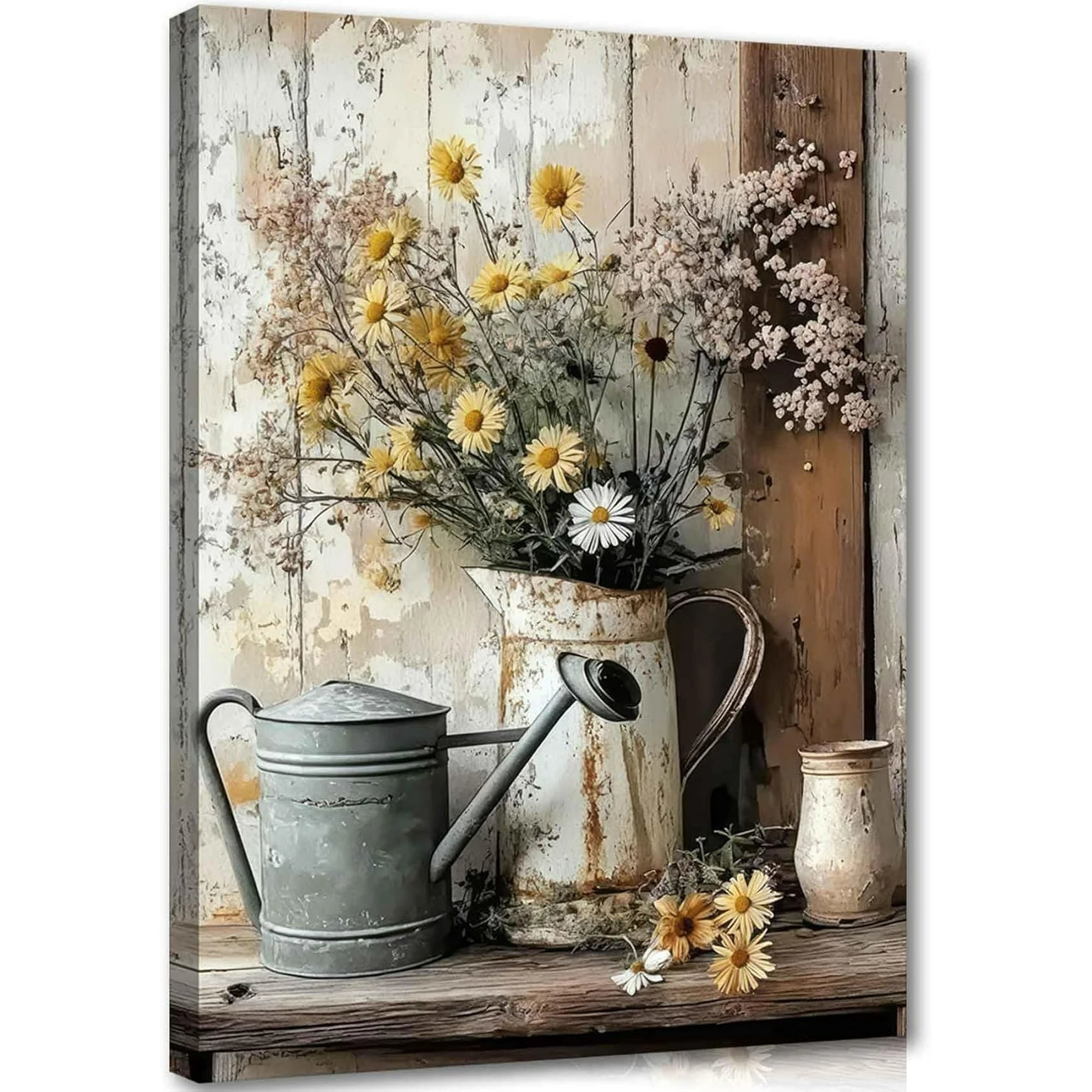 Rustic Farmhouse Daisy Floral Canvas Wall Art, Vintage Neutral Country ...