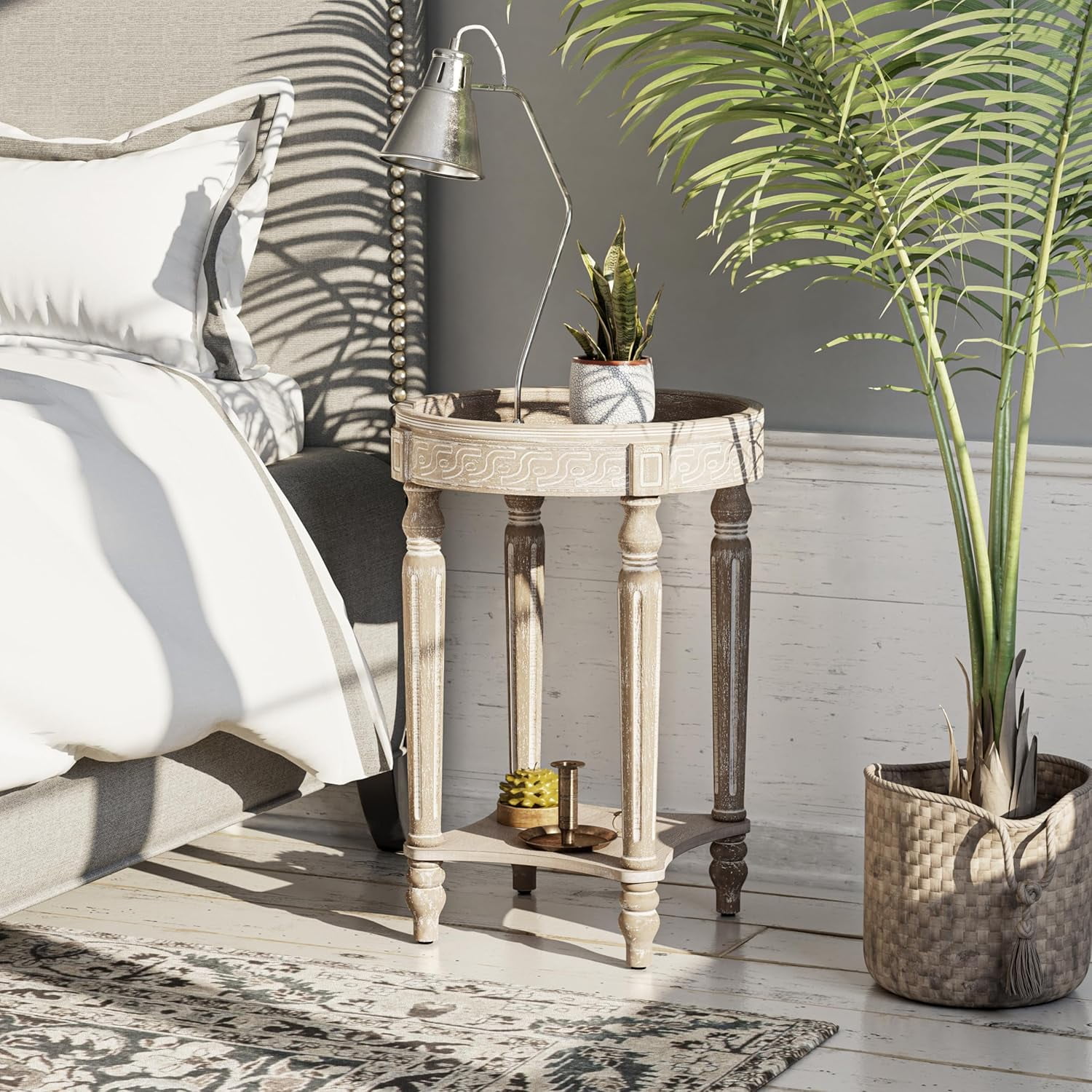 Rustic Farmhouse End Table with Storage Shelf, French Country Accent Side Table for Family ...