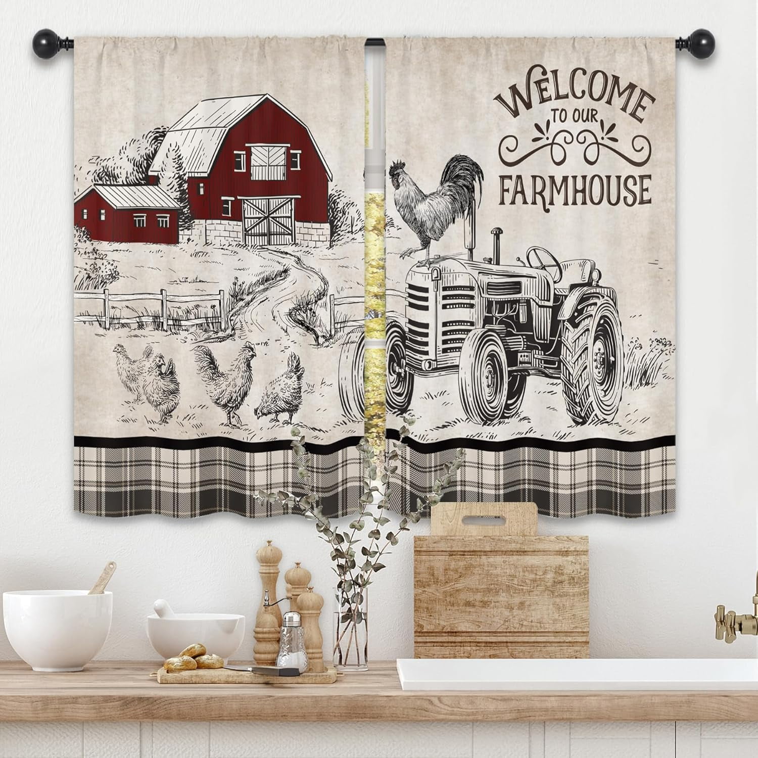 Rustic Farmhouse Farm Kitchen Curtains 27.5W x 39L Inch Country Vintage ...