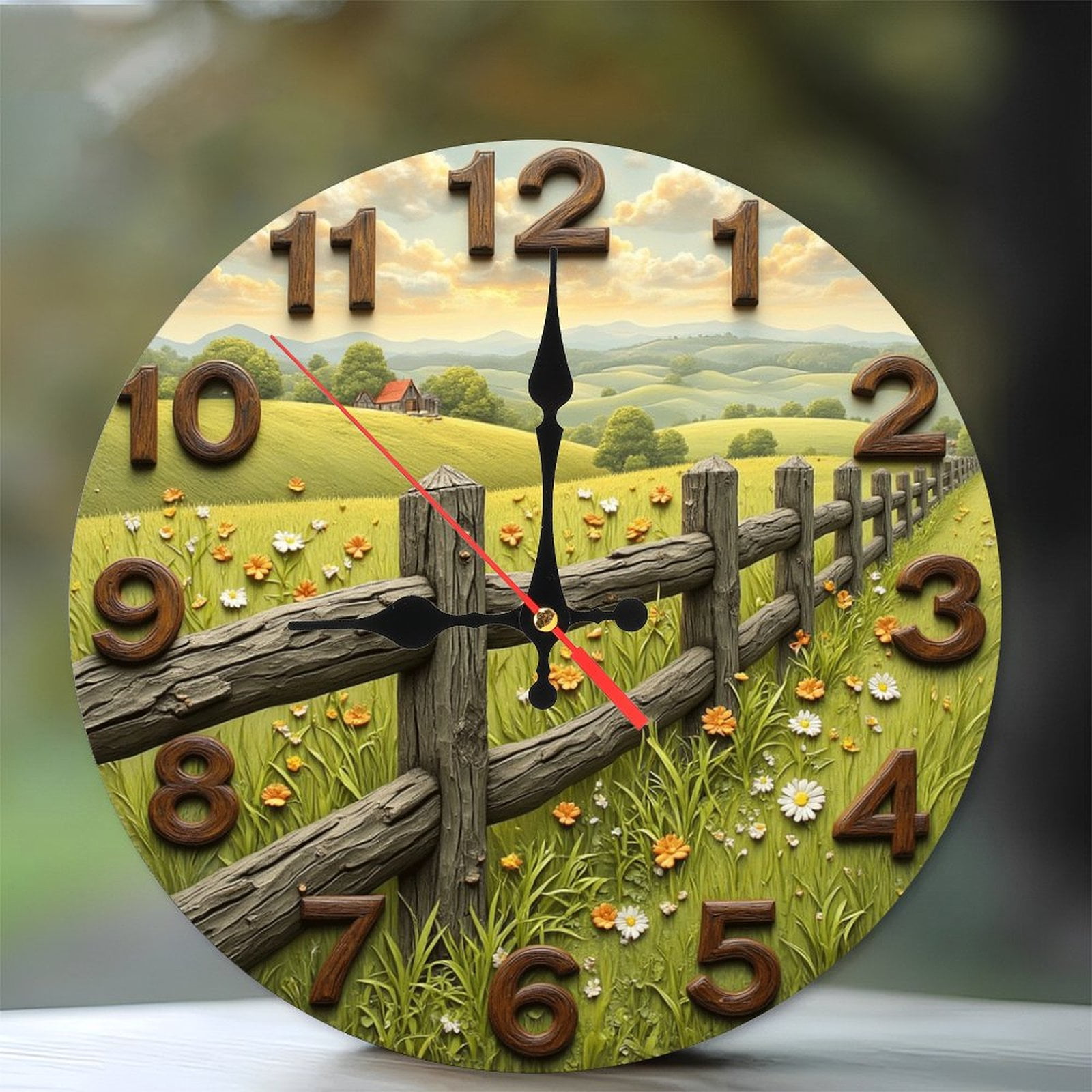 Rustic Farmhouse Fence Field Landscape Wall Clock 10-Inch Silent Wooden ...