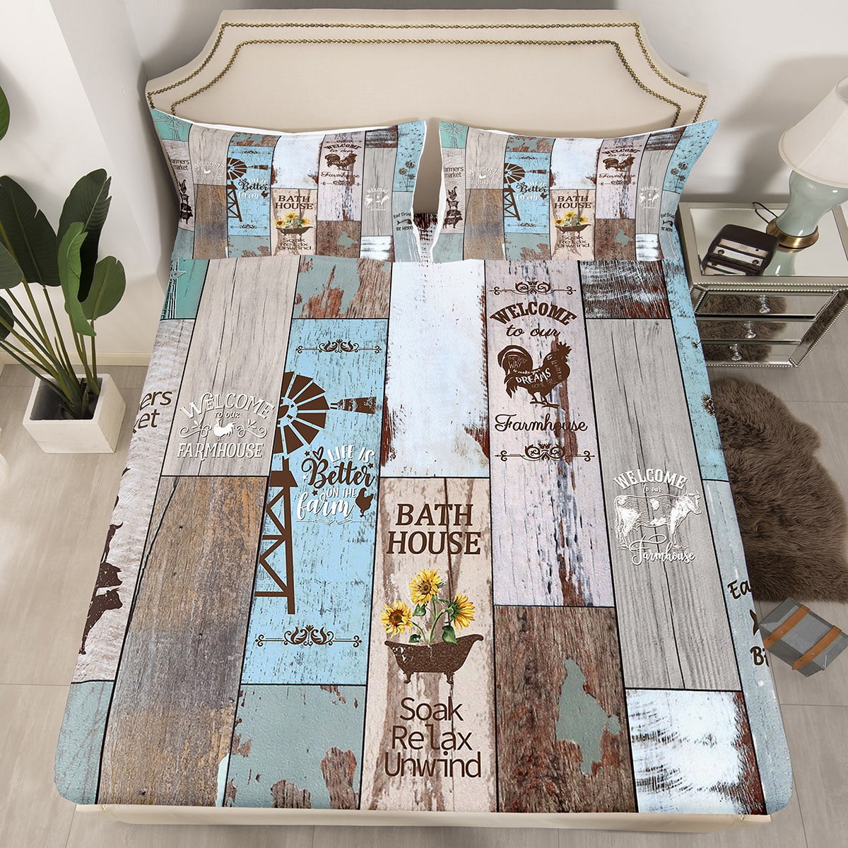 Rustic Farmhouse Fitted Sheet Cabin Decor, Retro Windmill Decor Bedding ...