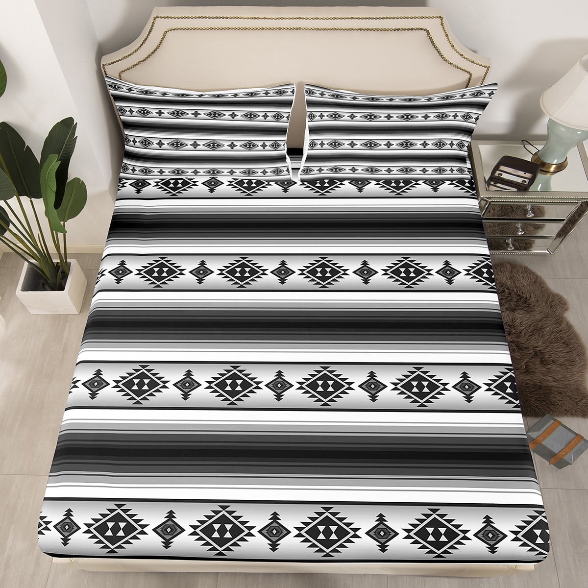 Rustic Farmhouse Fitted Sheet Queen Boho Stripes Aztec Bedding Set ...