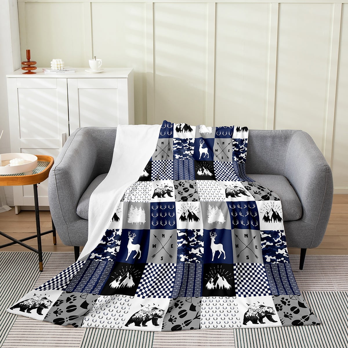 Rustic Farmhouse Flannel Fleece Blanket Twin Size, Retro Woodland Moose ...