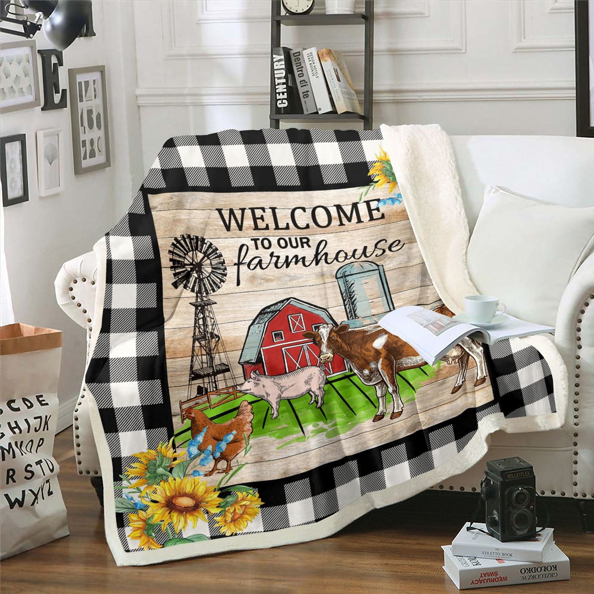Rustic Farmhouse Fleece Blanket, Windmill Gift Sherpa Blanket Twin Size ...
