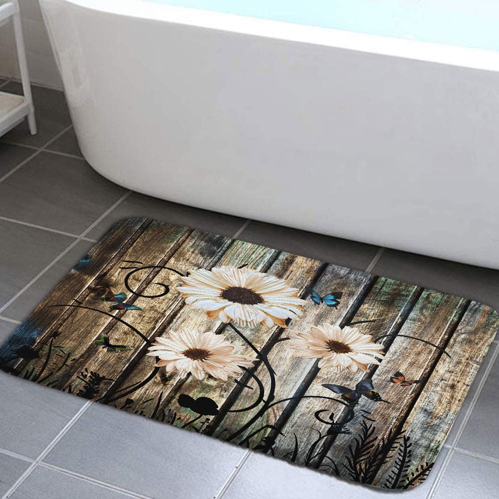 Rustic Farmhouse Floral Bath Mats Rugs for Bathroom, Barn Wood Daisy ...