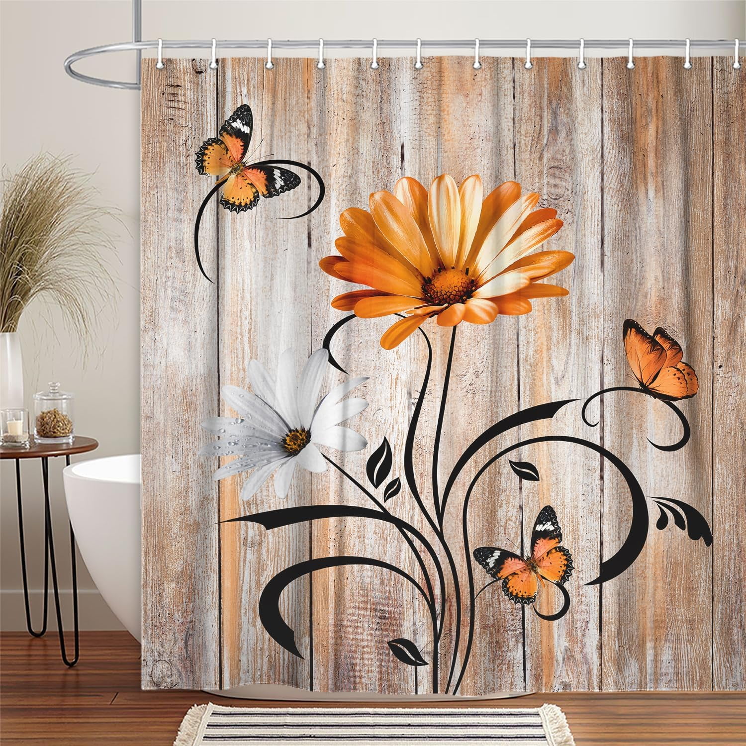 Rustic Farmhouse Floral Fall Shower Curtain, Farm Boho Orange Daisy ...