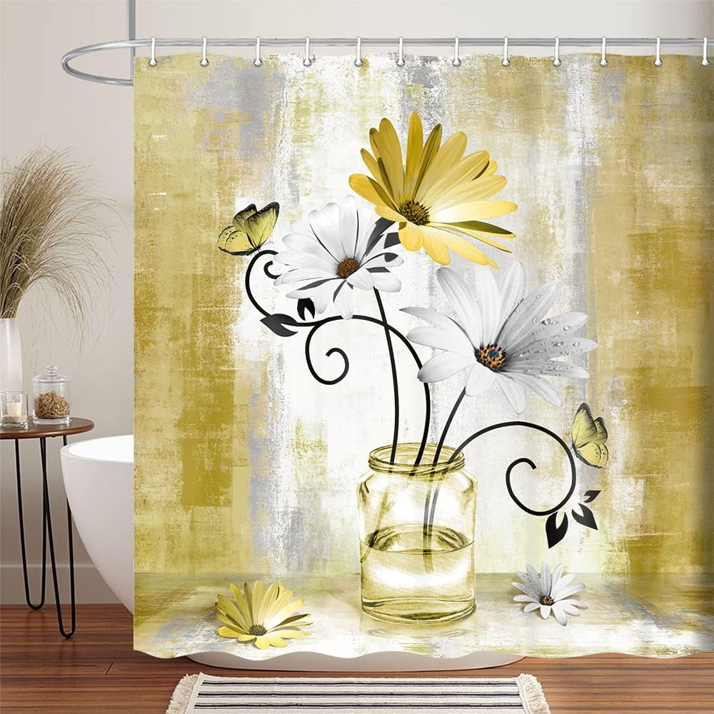 Rustic Farmhouse Floral Shower Curtain, Country Farm Yellow Daisy ...