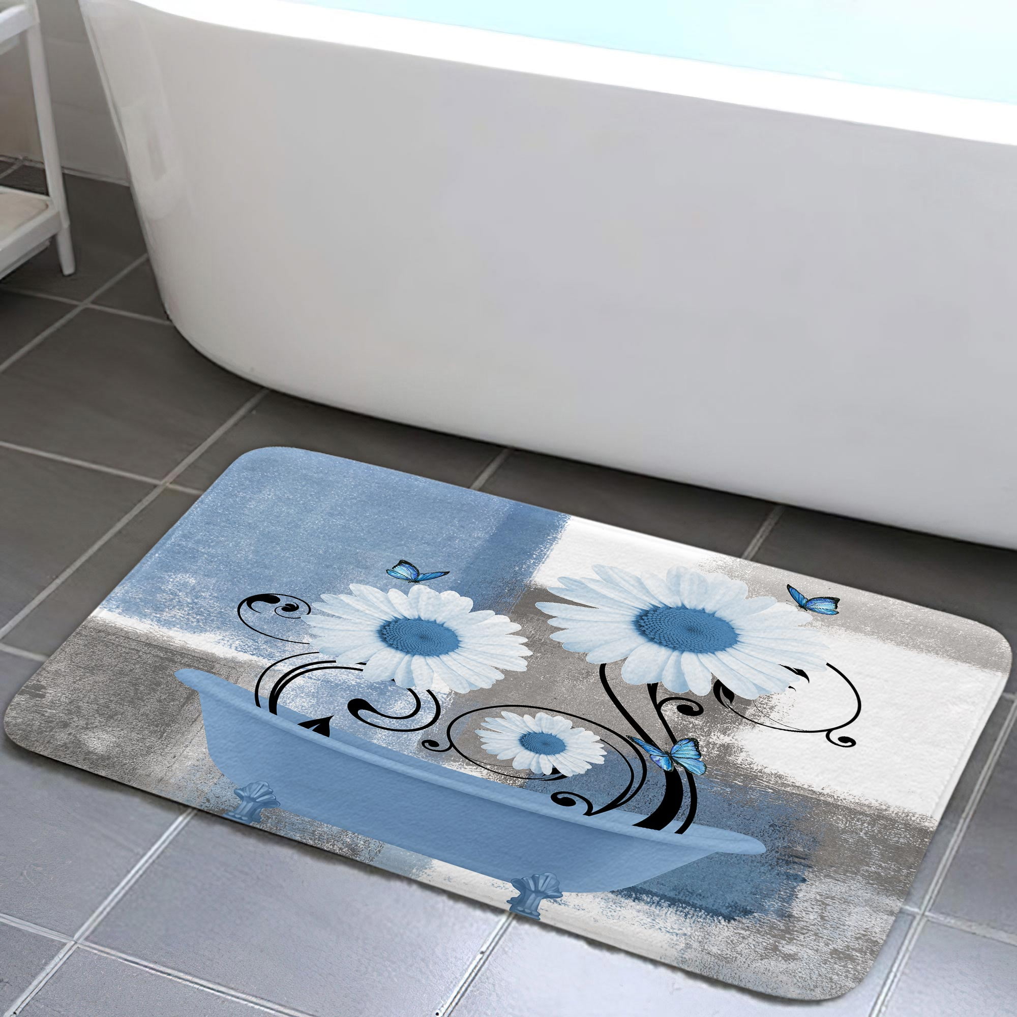 Rustic Farmhouse Flower Bath Rugs, Farm Blue Daisy Floral Butterfly ...