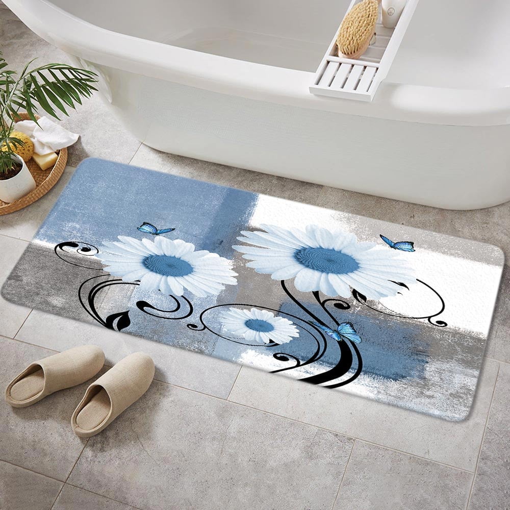 Rustic Farmhouse Flowers Bath Rug,Farm Teal Daisy Floral and Butterfly ...