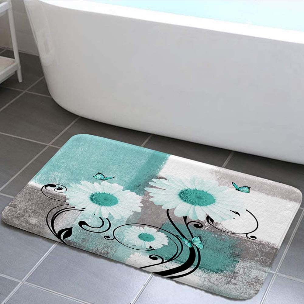 Rustic Farmhouse Flowers Bath Rug,Farm Teal Daisy Floral and Butterfly ...