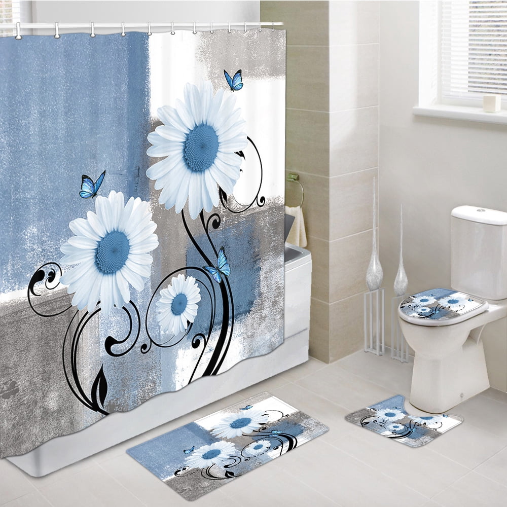 Rustic Farmhouse Flowers Shower Curtain Sets with Rugs 4 Piece,Farm ...