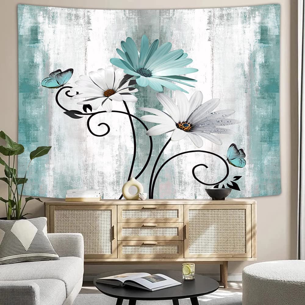 Rustic Farmhouse Flowers Tapestry Farm Teal Daisy Floral Butterfly on ...