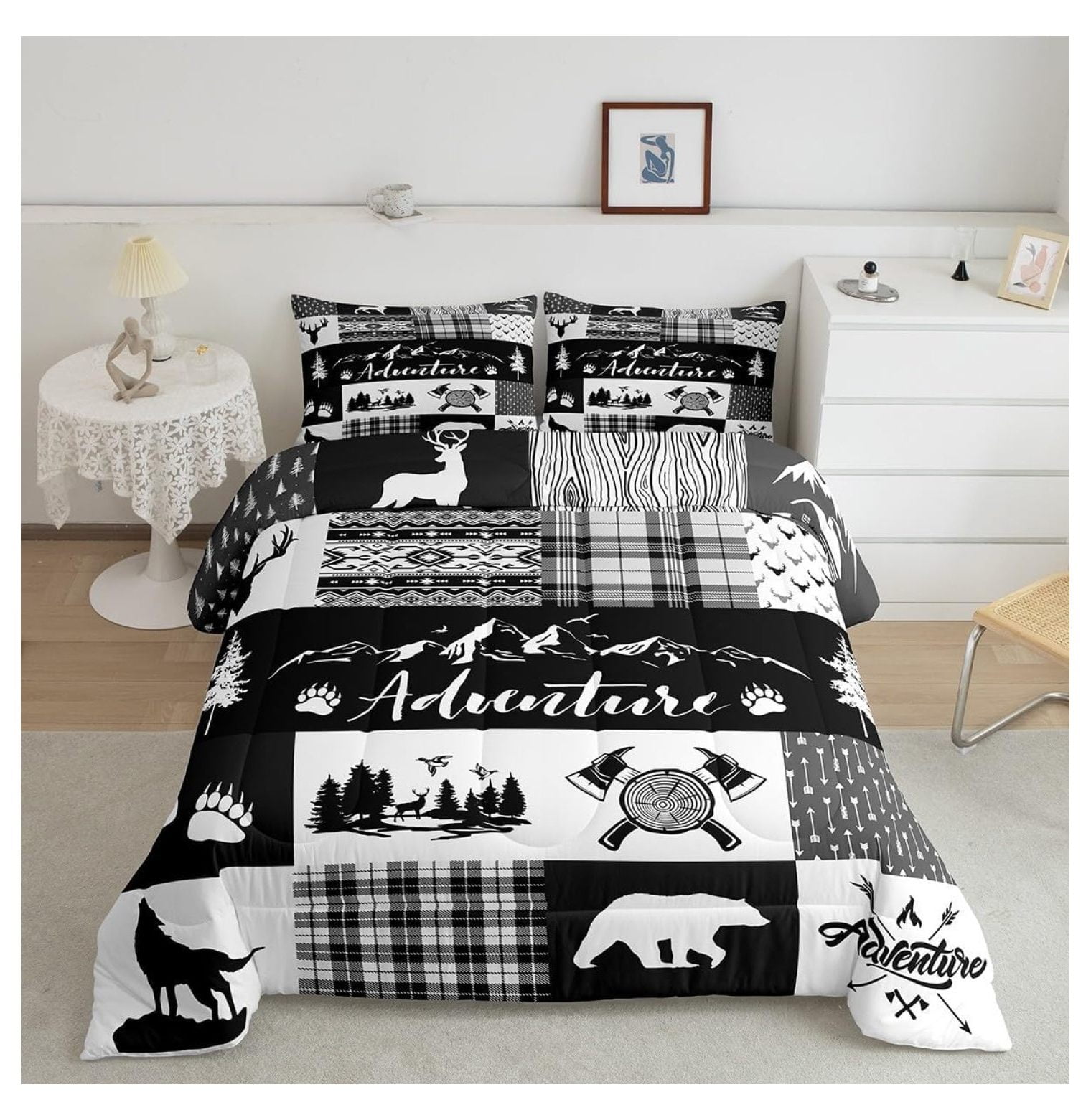 Rustic Farmhouse Full Size Comforter Set,Deer Bear Wild Animals Hunting ...