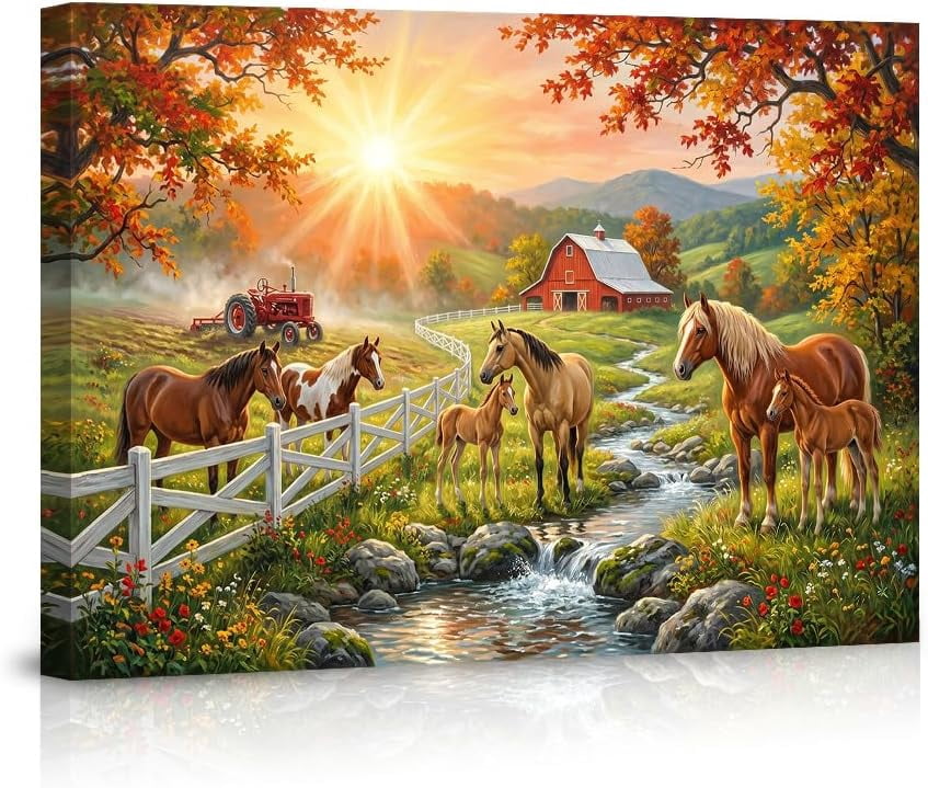 Rustic Farmhouse Horses Wall Art Fall Country Sunset Red Barn Decor ...