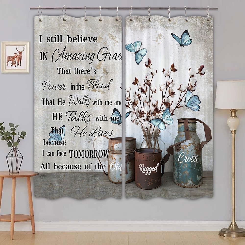 Rustic Farmhouse Kitchen Curtains, Blue Teal Butterfly Cotton Flower ...