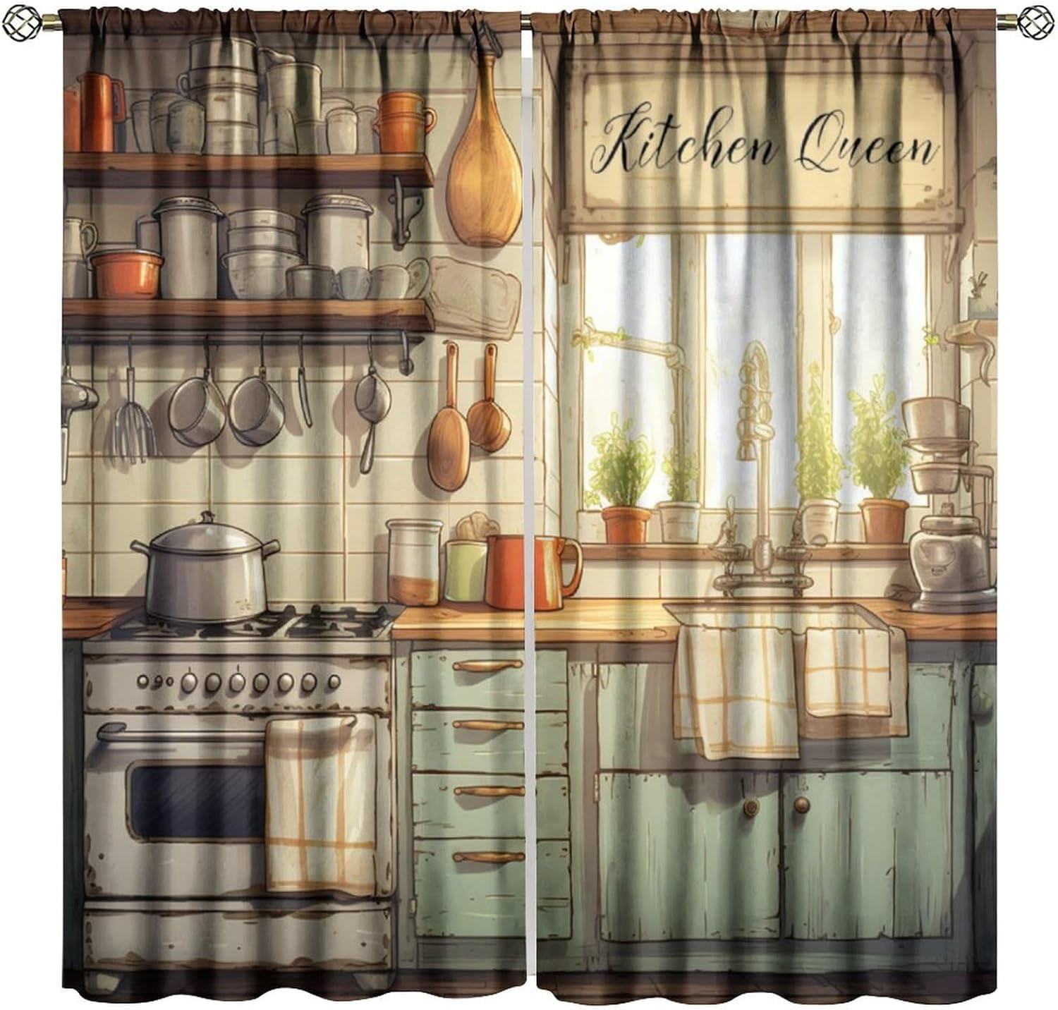 Rustic Farmhouse Kitchen Curtains，Cartoon Funny Food Cooking Vegetables ...