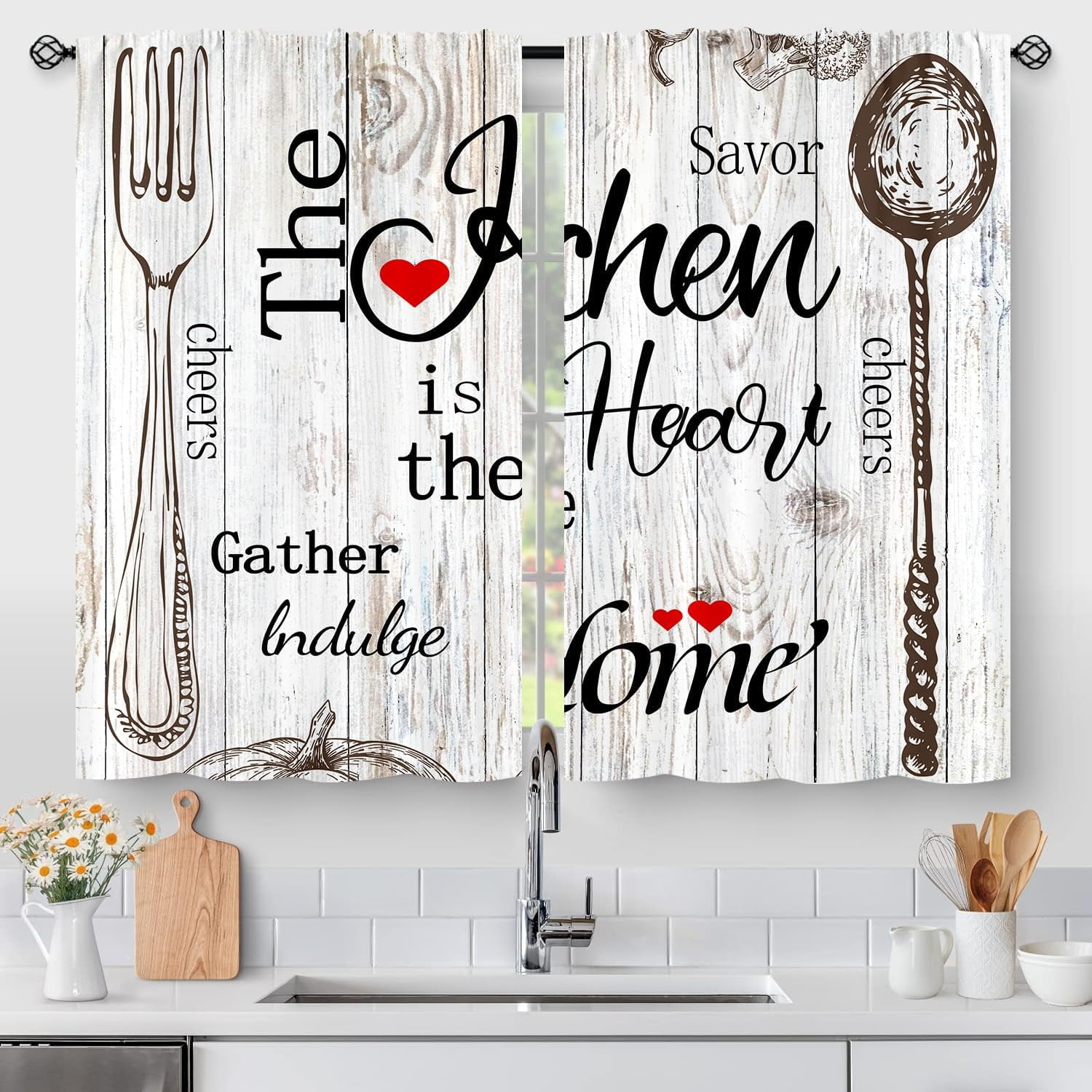 Rustic Farmhouse Kitchen Curtains, Retro Wooden Plank Vintage Fork ...