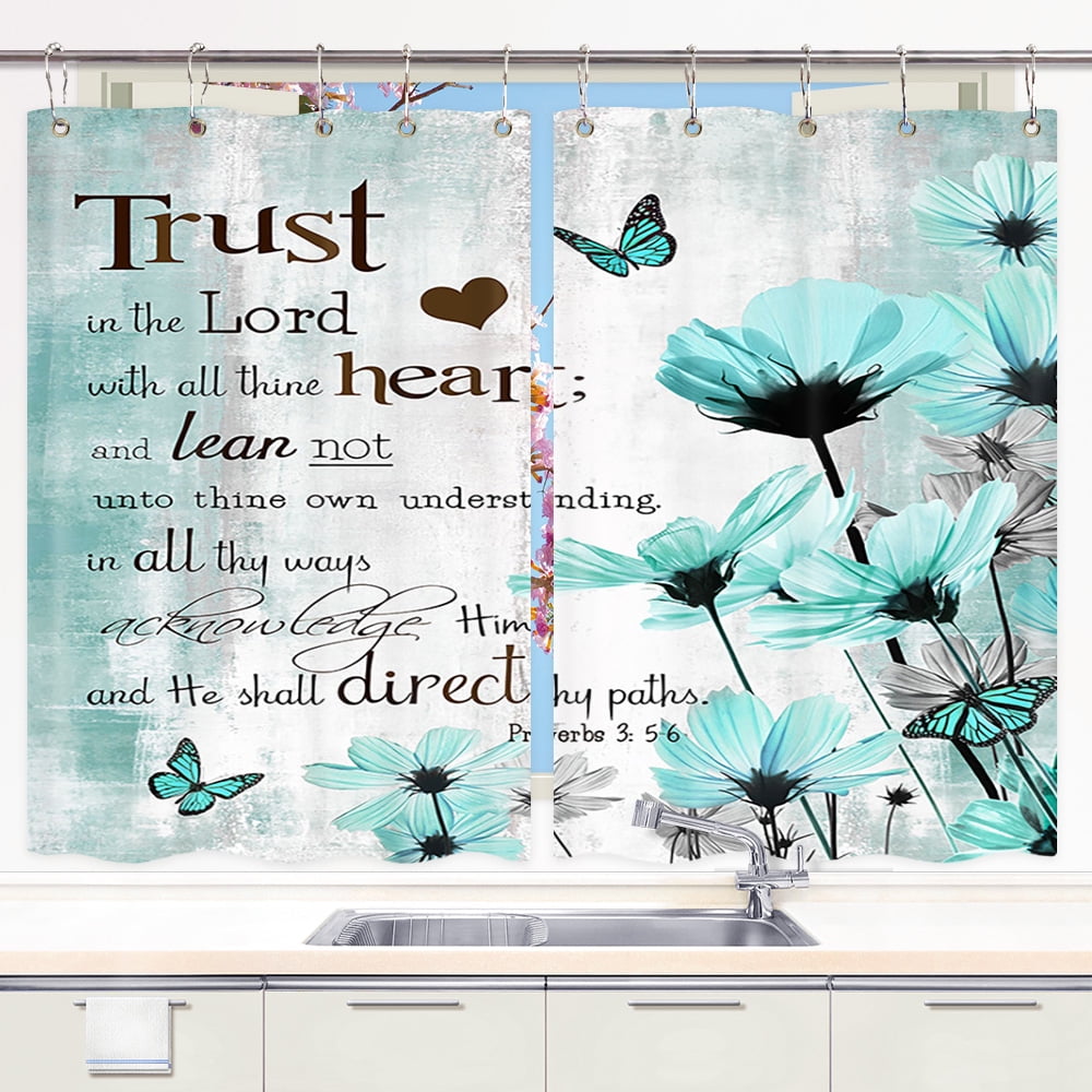 Rustic Farmhouse Kitchen Window Curtains, Elegant Floral Turquoise Teal ...