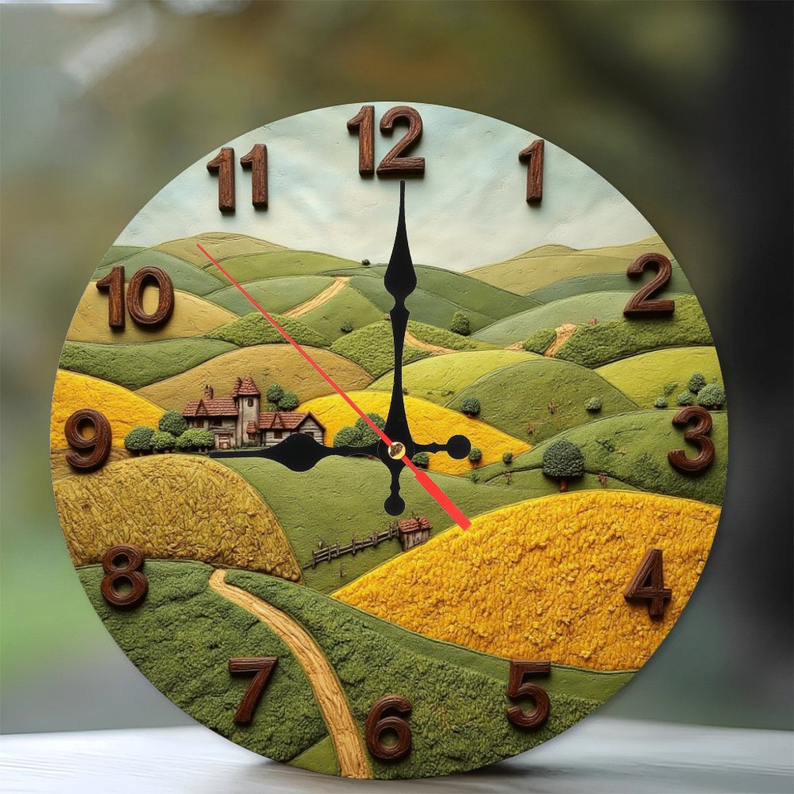 Rustic Farmhouse Landscape Wall Clock， Yellow Fields， Rolling Hills 10 ...