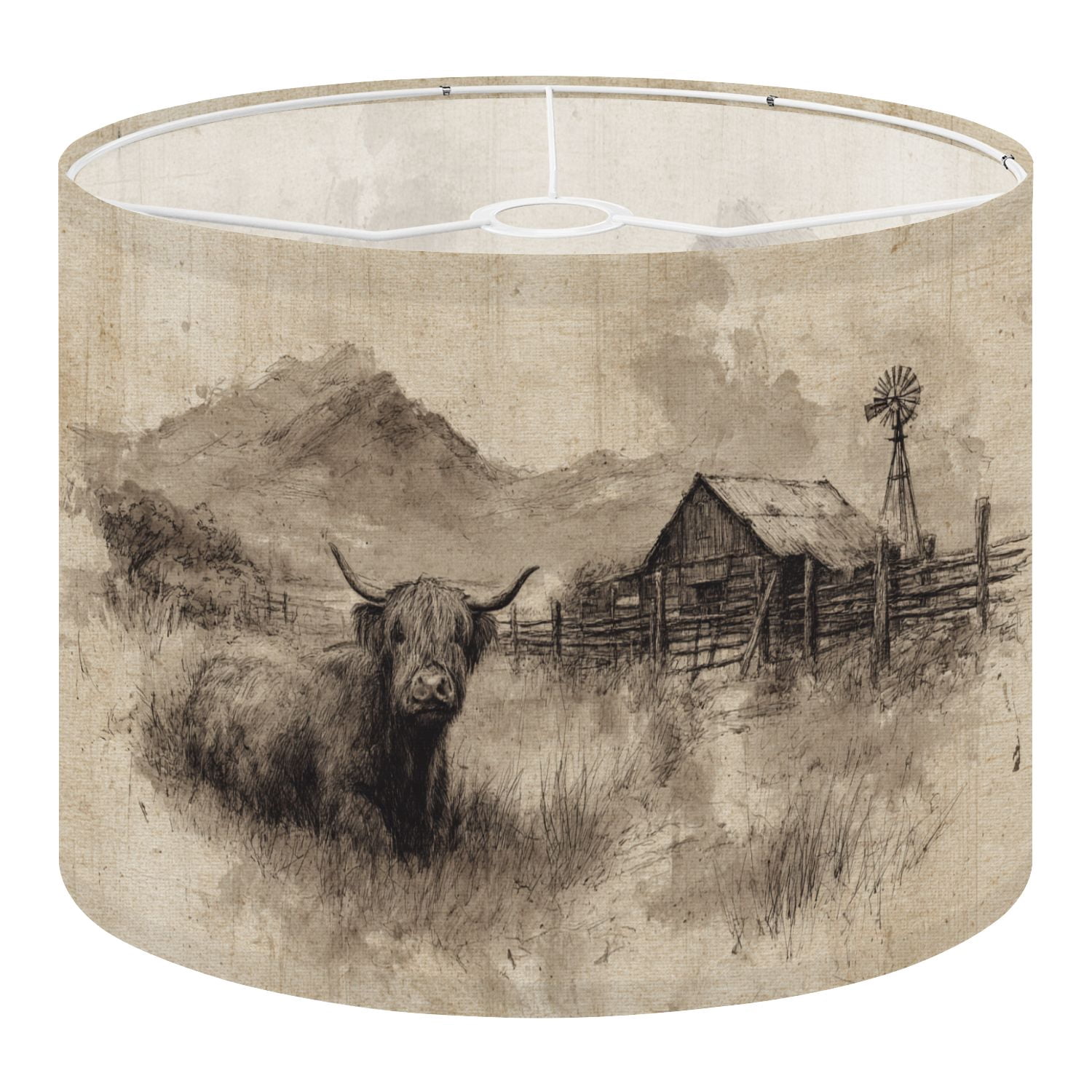 Rustic Farmhouse Linen Drum Lampshades Vintage Western Farm Scene ...