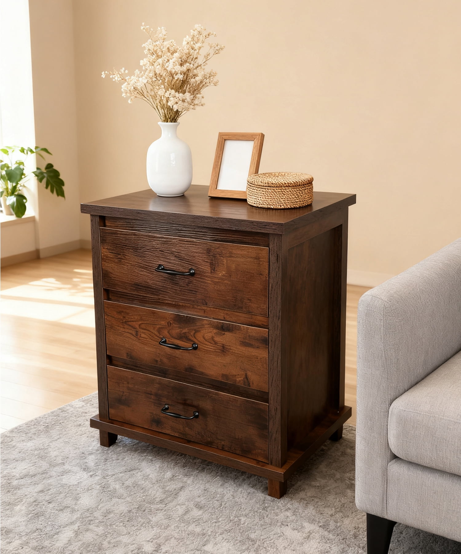 Rustic Farmhouse Nightstand with 3 Drawers-Reclaimed Solid Wood Bedside ...