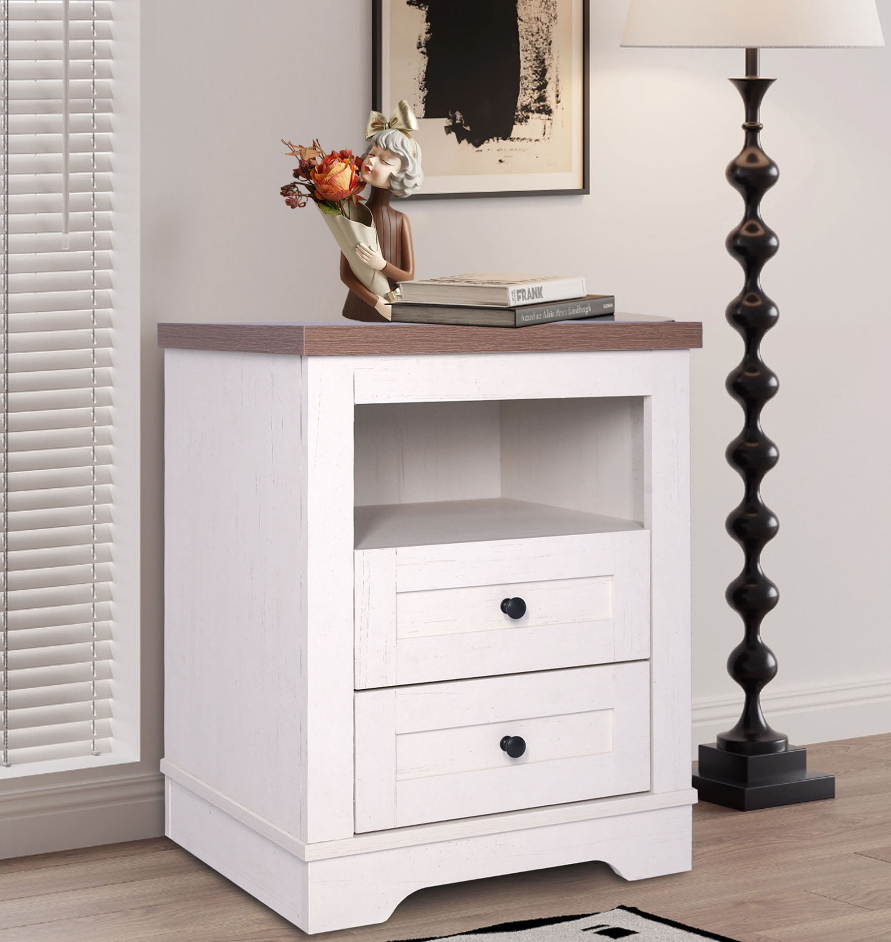 Rustic Farmhouse Nightstand in Antique White and Oak with 2 Durable ...