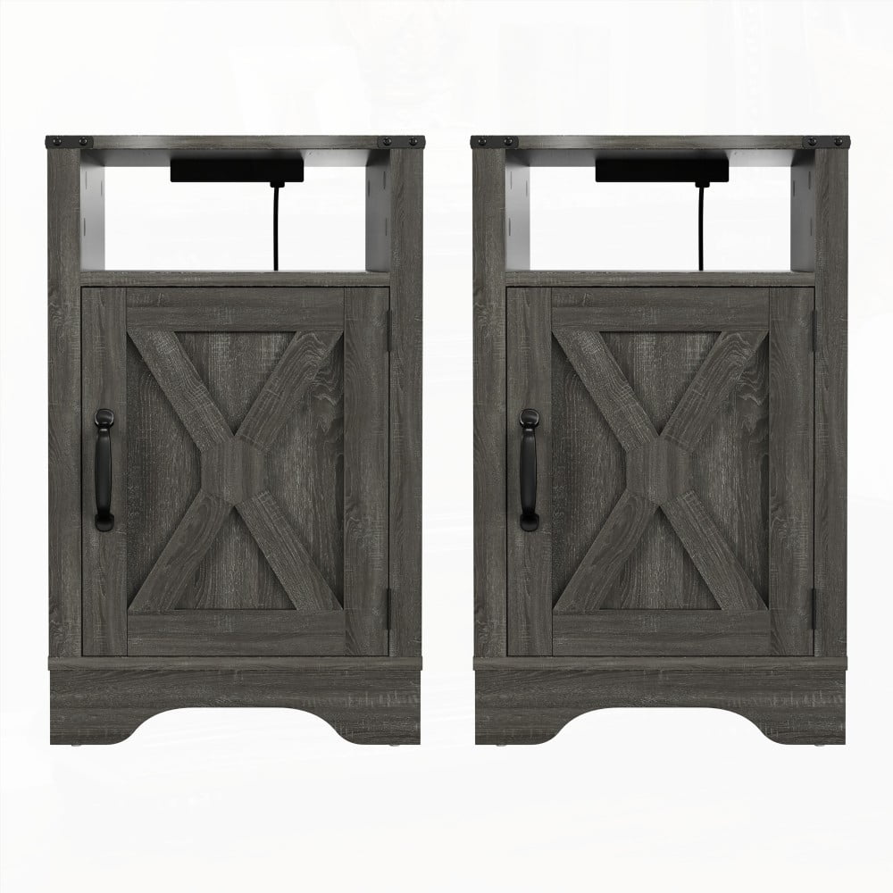Rustic Farmhouse Nightstand with Charging Station - Dark Gray (2 Sets ...