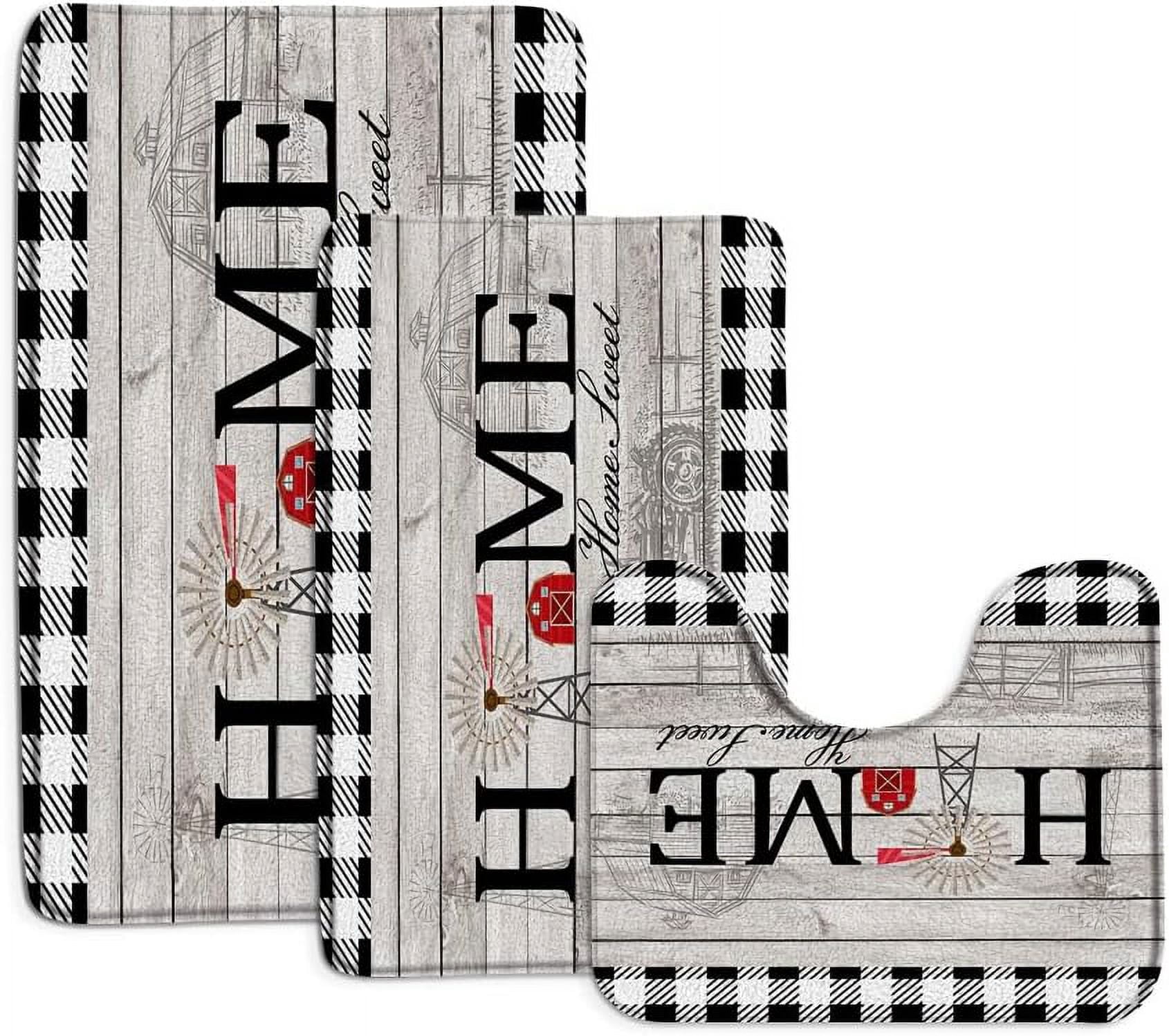 Rustic Farmhouse Plaid 3 Piece Bath Mat Home Sweet Home Black White ...