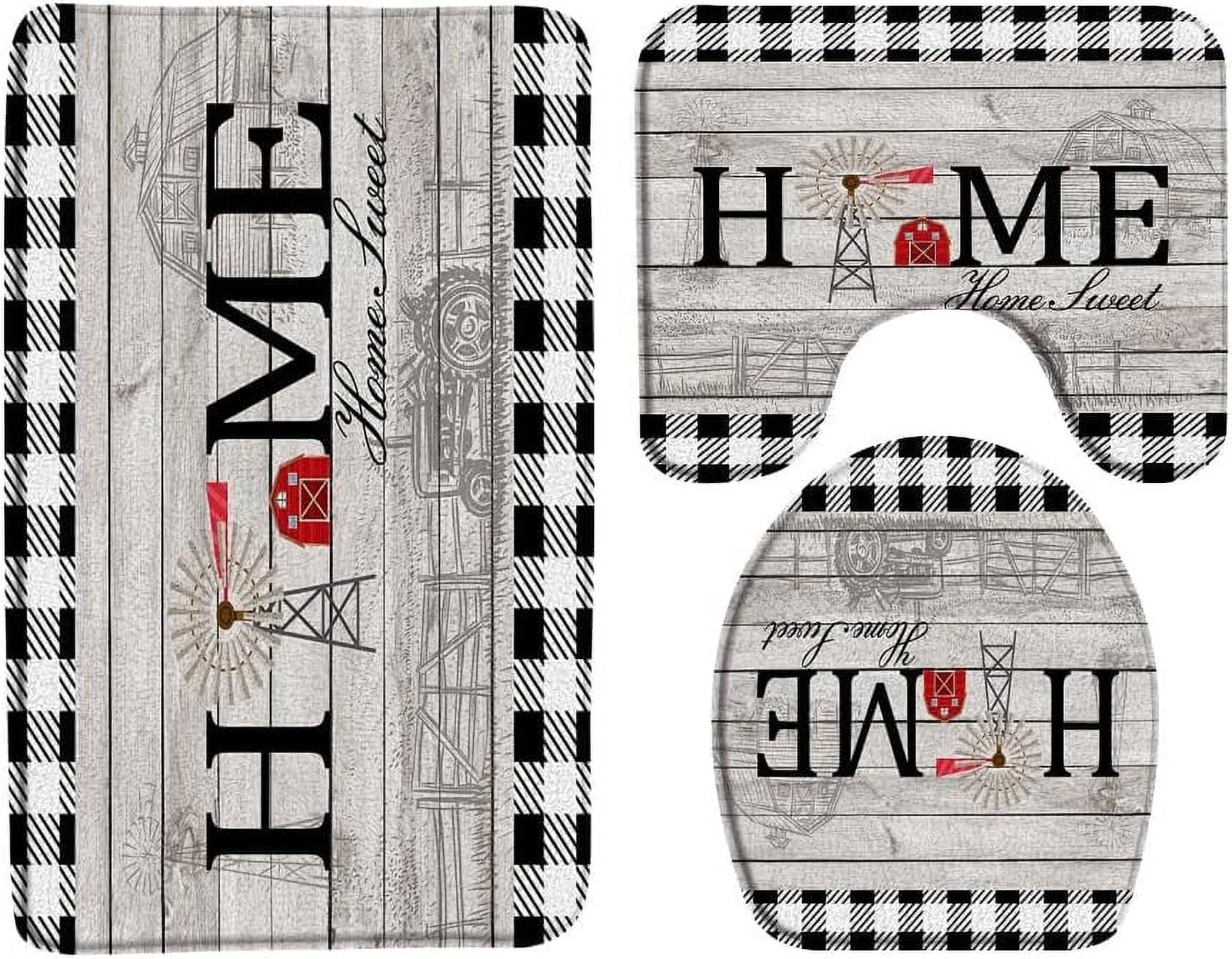 Rustic Farmhouse Plaid 3 Piece Bath Mat Home Sweet Home Black White ...