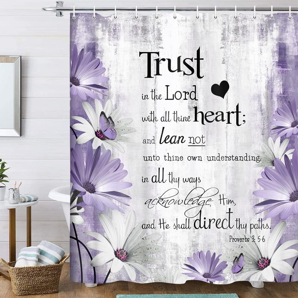 Rustic Farmhouse Purple Shower Curtain Bible Verse Inspirational Shower ...