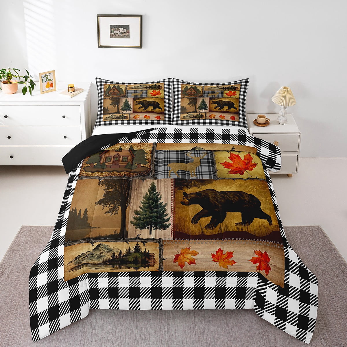 Rustic Farmhouse Queen Bedding Set,Black and White Plaid Checkered ...