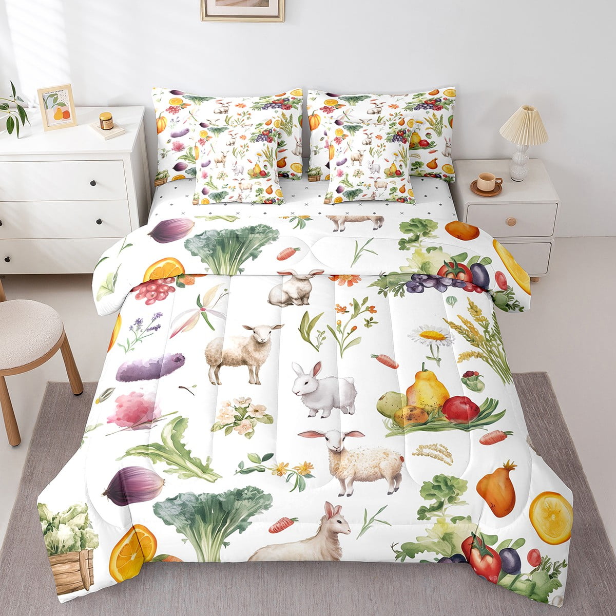 Rustic Farmhouse Queen Comforter Set 7 Piece,Rabbit Sheep Animal Bed In ...