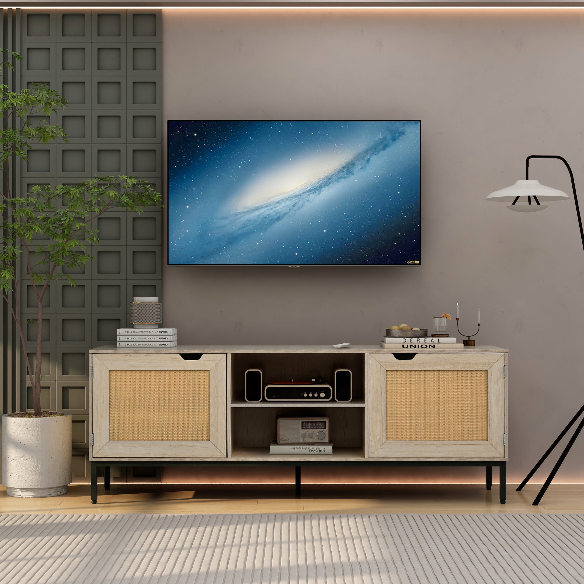 Rustic Farmhouse Rattan TV Stand, 65 Console Table, 2-Door ...